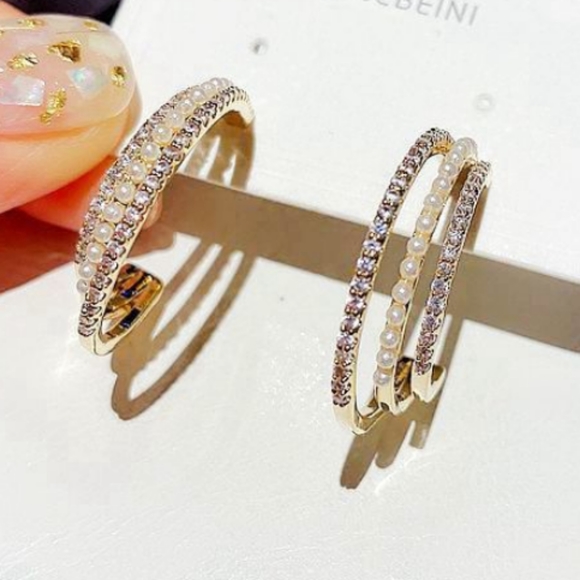 Jewelry | New Yellow Gold Plated Diamond Pearl Triple Hoops | Poshmark